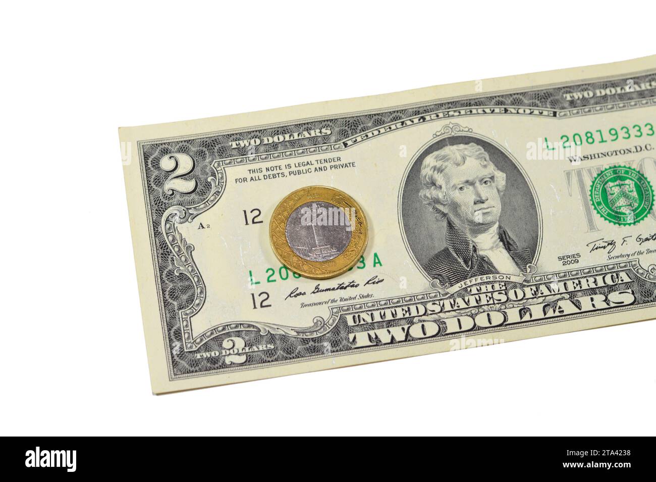 One Saudi Arabia riyal coin year 2016 on 2 American dollars USD paper ...