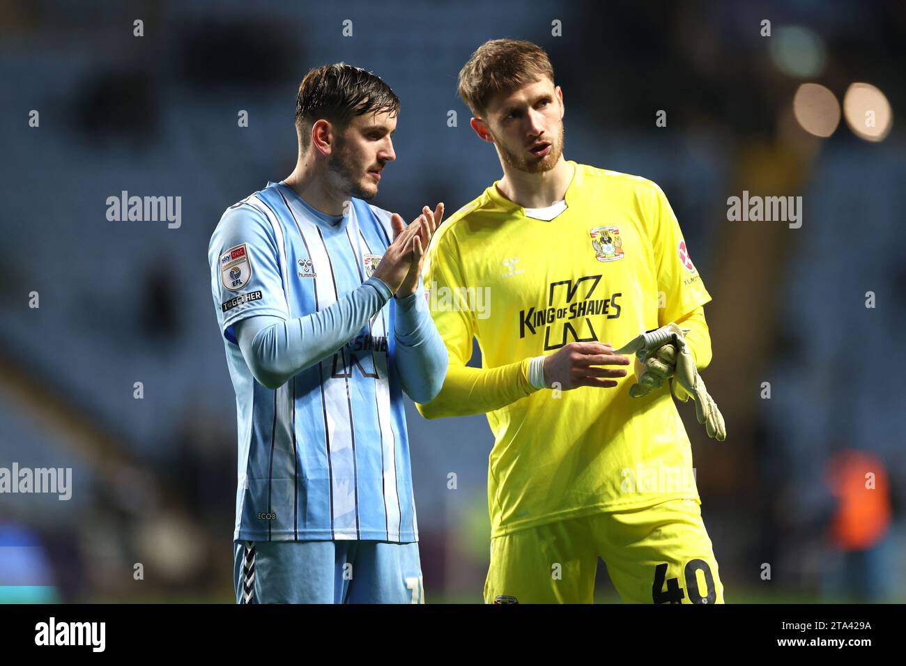 Coventry City's Liam Kitching (left) and goalkeeper Bradley Collins applaud the fans after the ...