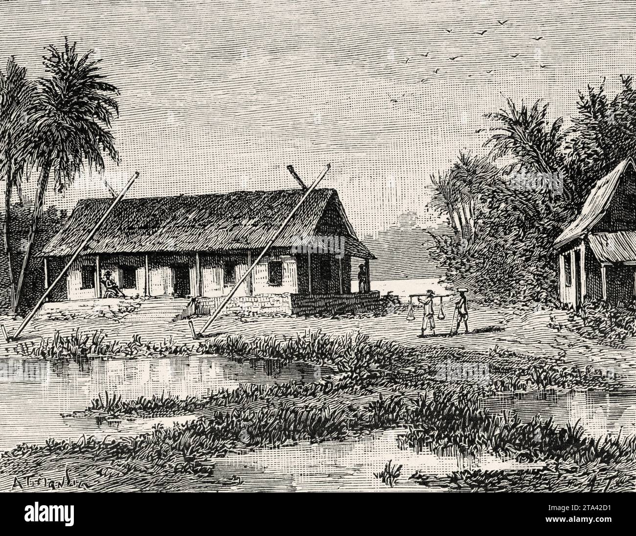 Traditional Annamite dwelling next to a river, Vietnam. Asia. Old ...