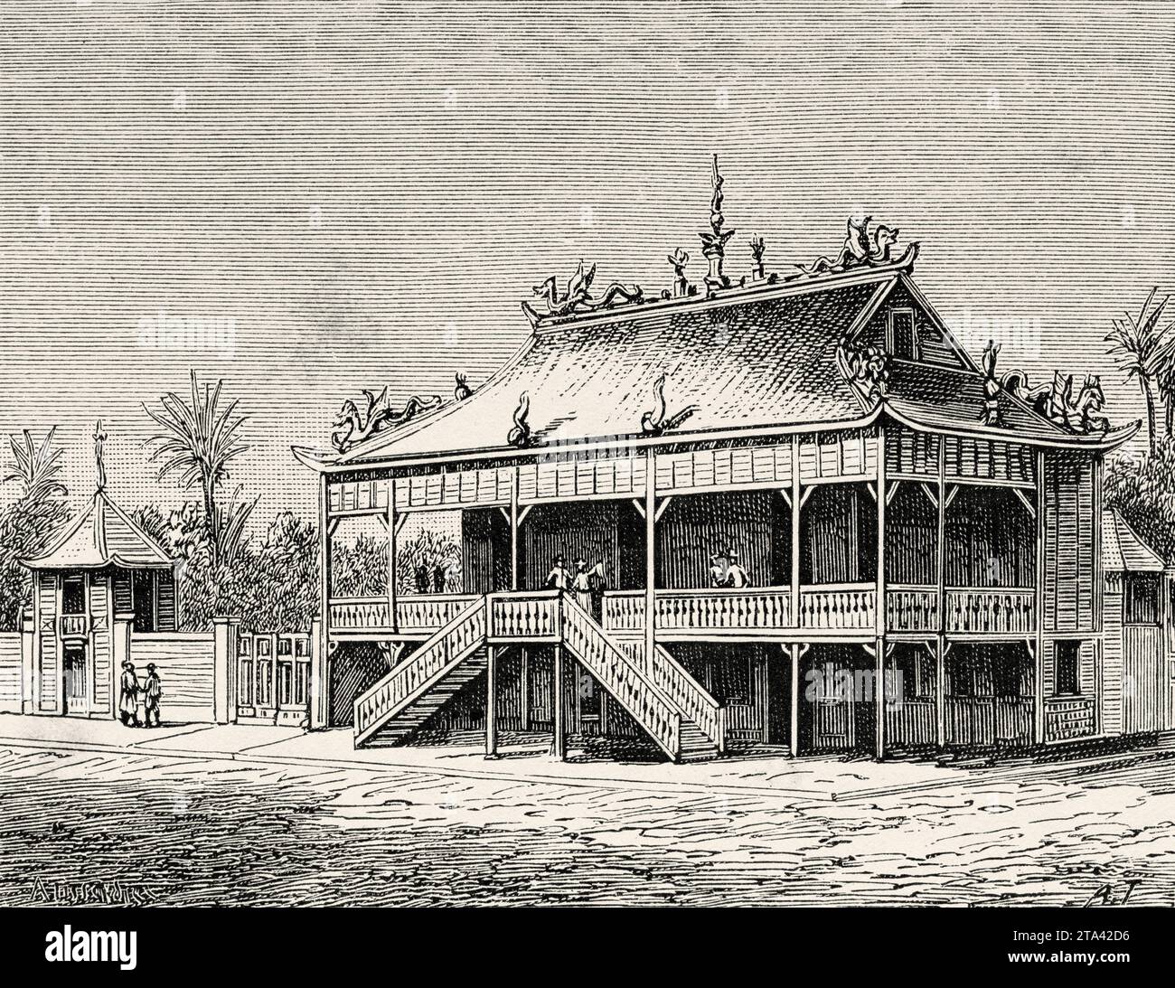 French colonial traditional house in Vietnam. Asia. Old illustration ...