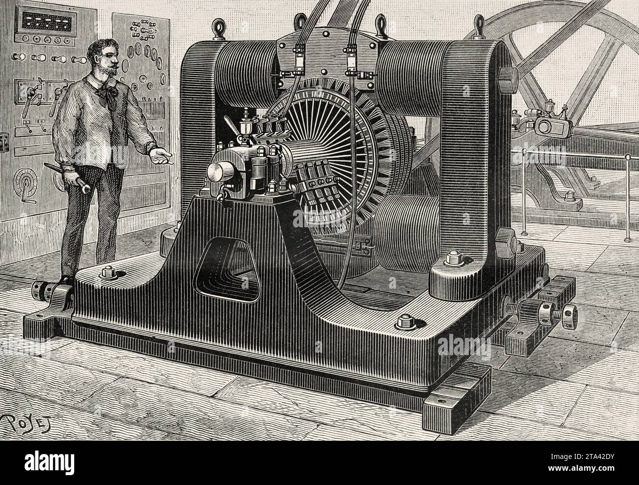 Dynamo machine for lighting the Hotel Continental in Paris, France. Old ...