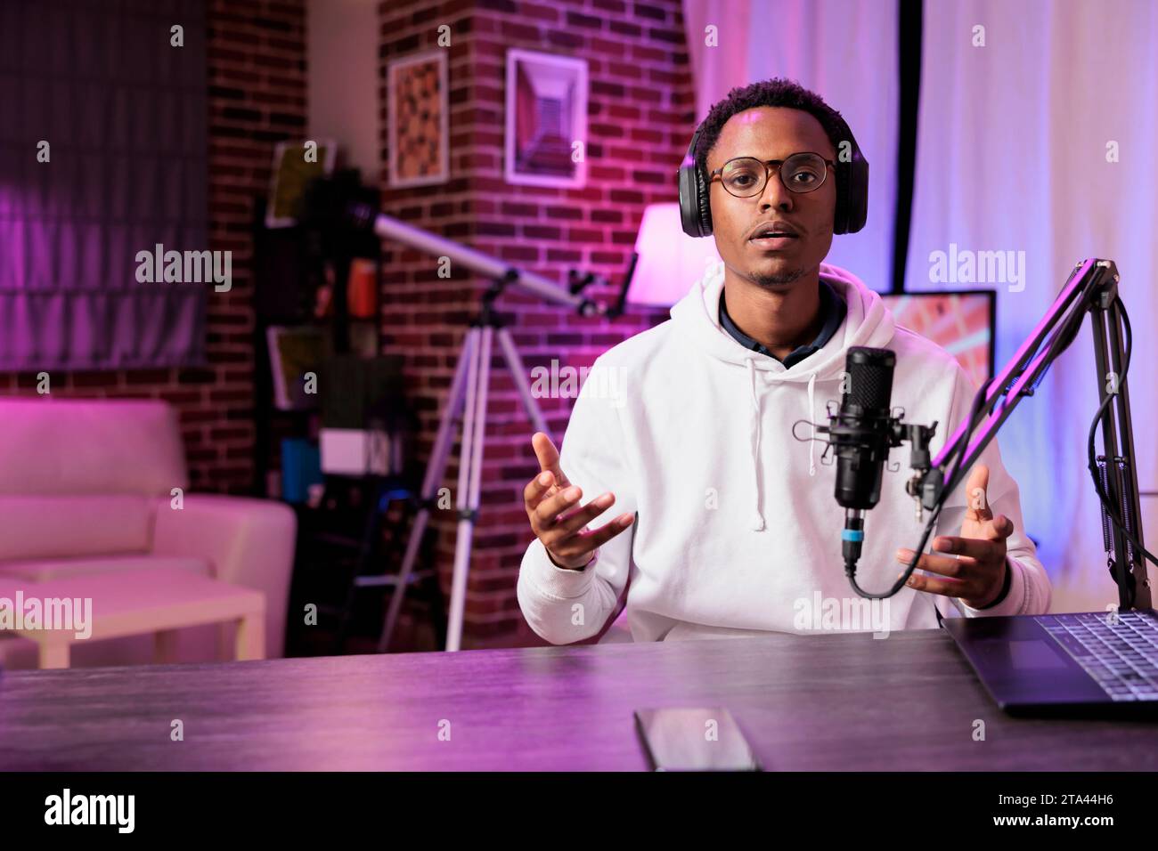 Content creator broadcasting live on streaming platform from vibrant ...