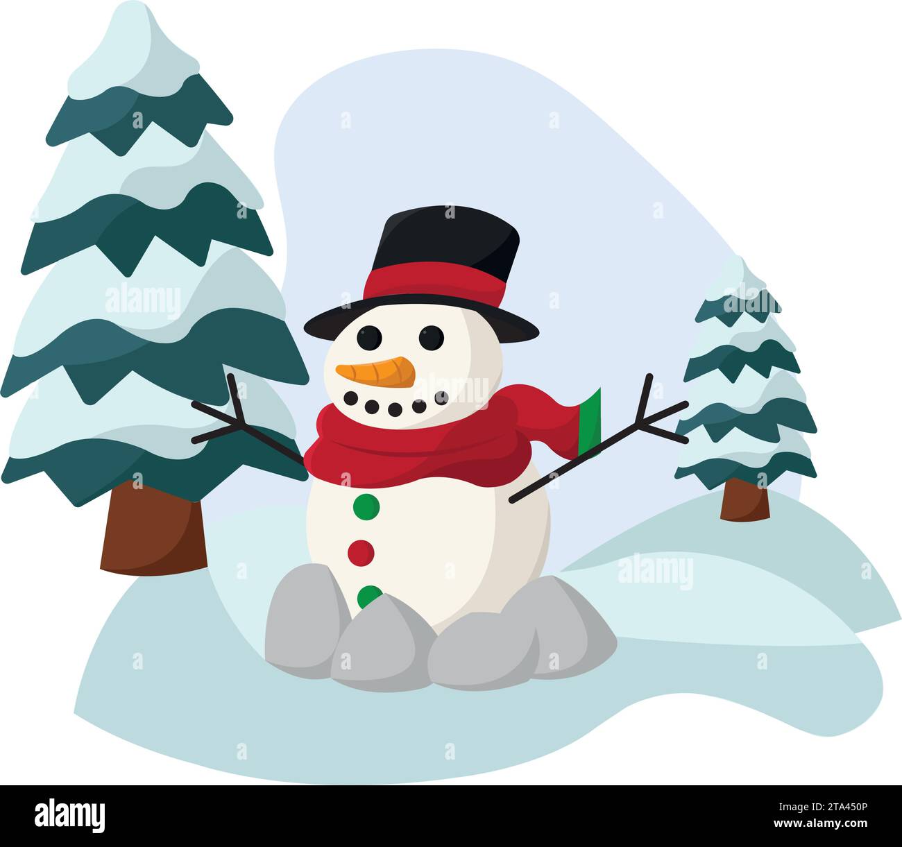 Cute snowman character between two christmas trees Vector Stock Vector ...
