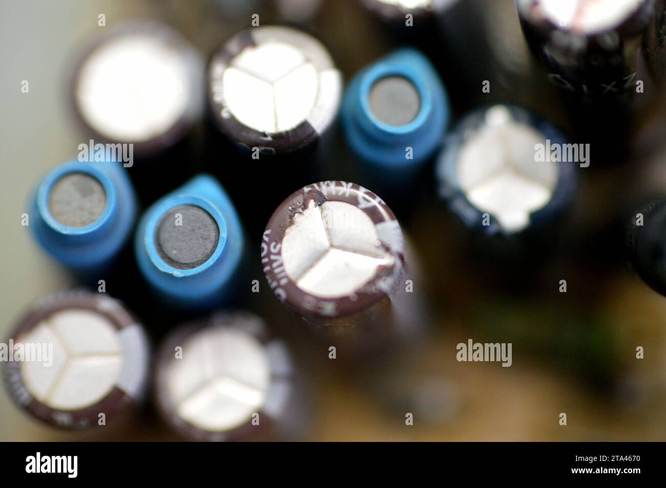 Interior of an old satellite receiver device, with electronic chips ...