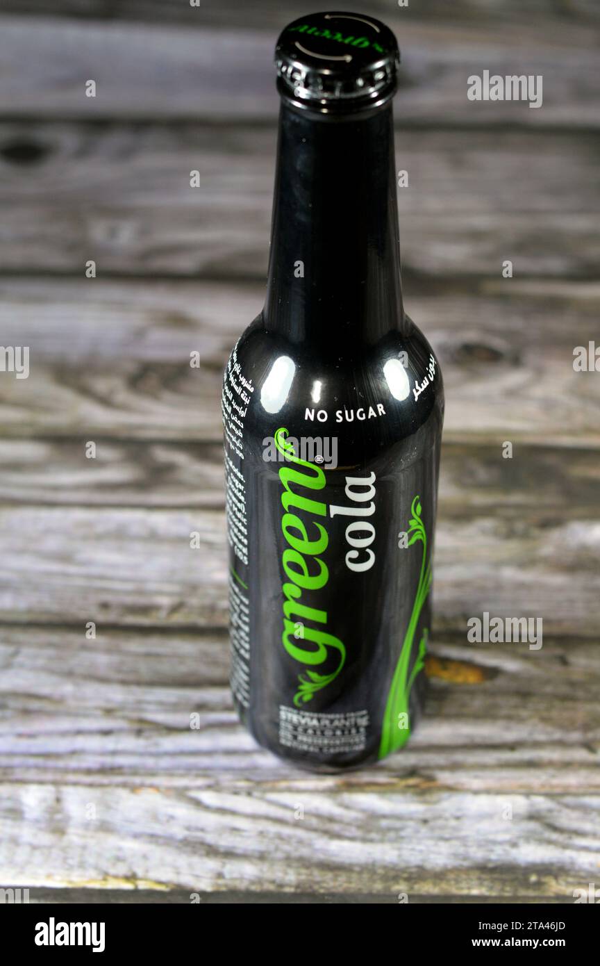 Cairo, Egypt, November 24 2023: Green cola, a carbonated soft drink ...