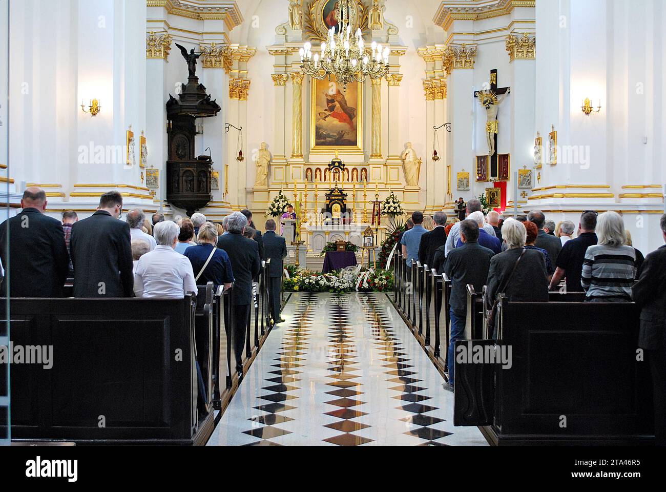 Wooden casket at a funeral - funeral ceremony in church Stock Photo - Alamy