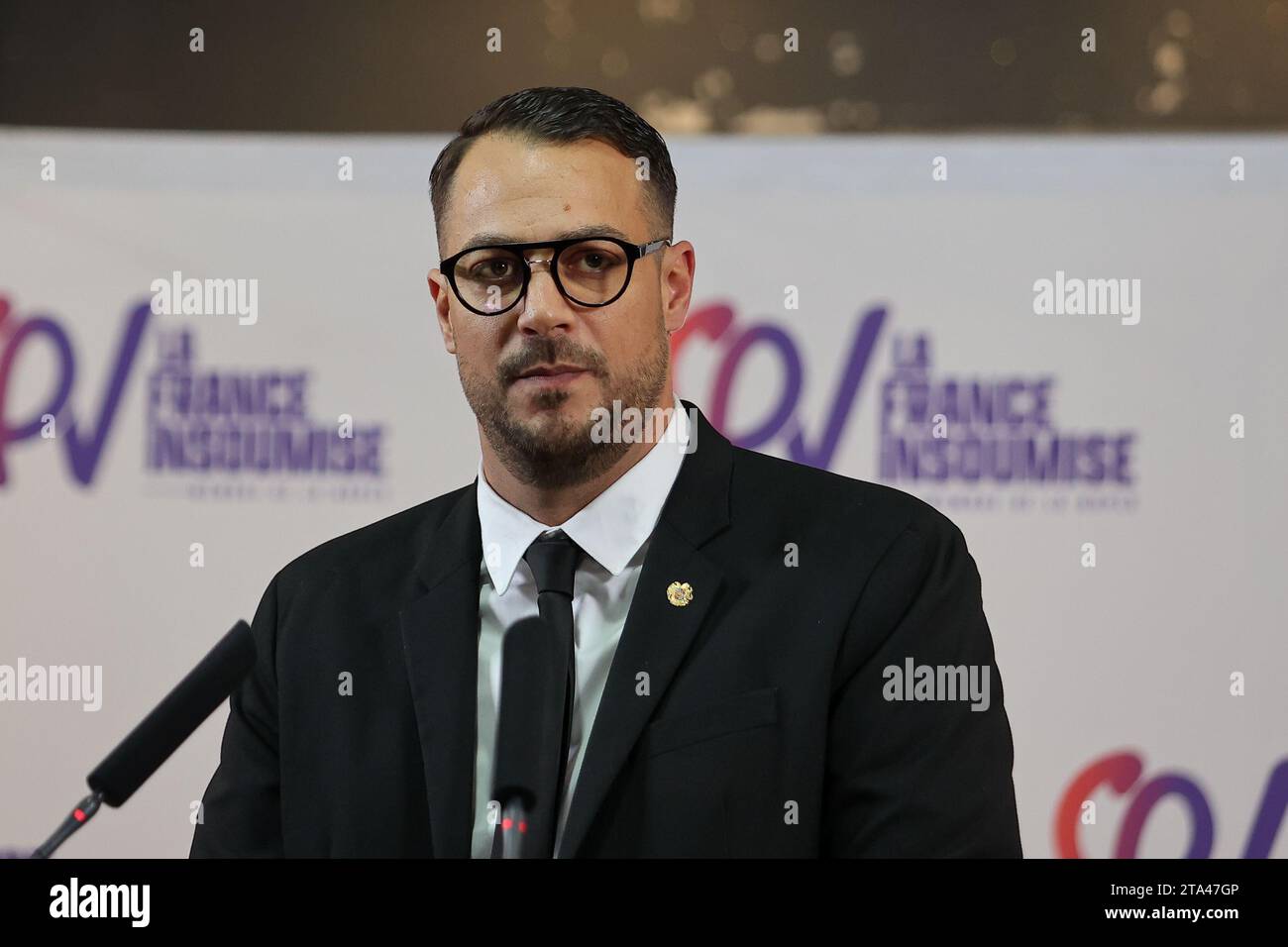 Marseille, France. 23rd Nov, 2023. Le Député Sébastien Delogu, speaks ...