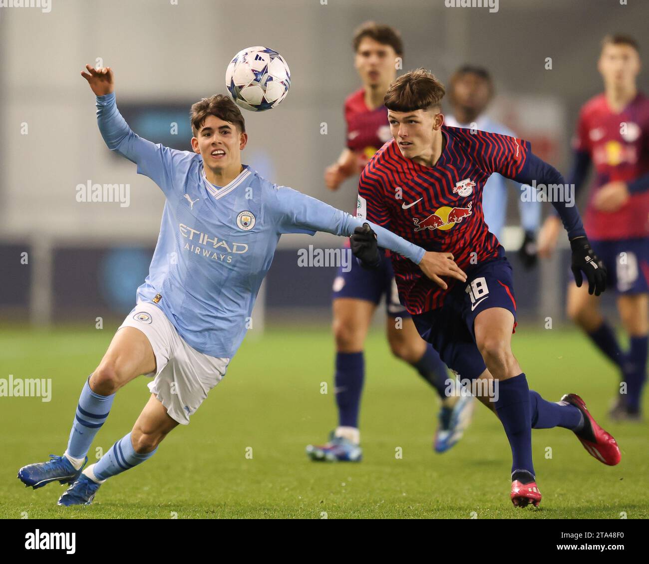 Manchester, UK. 28th Nov, 2023. Maddox Stadel of RB Leipzig and Tomas ...