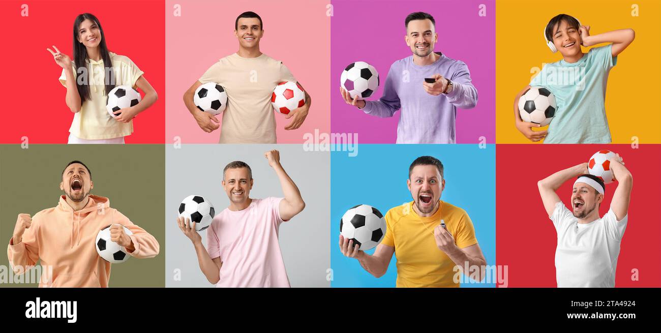 Collage of different people with soccer balls on color background Stock ...