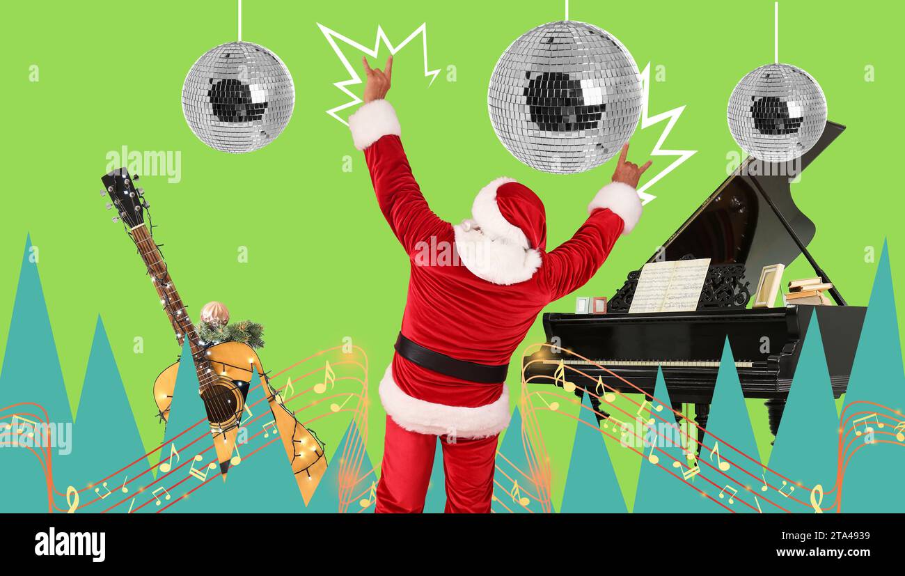 Cool Santa Claus with disco balls and musical instruments on green ...