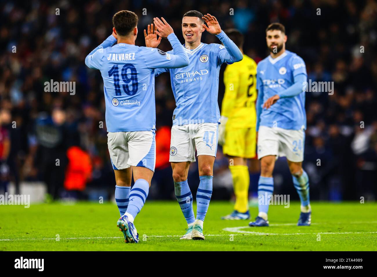 Manchester, UK. 28th Nov, 2023. Julian Álvarez of Manchester City scores his sides third goal of ...