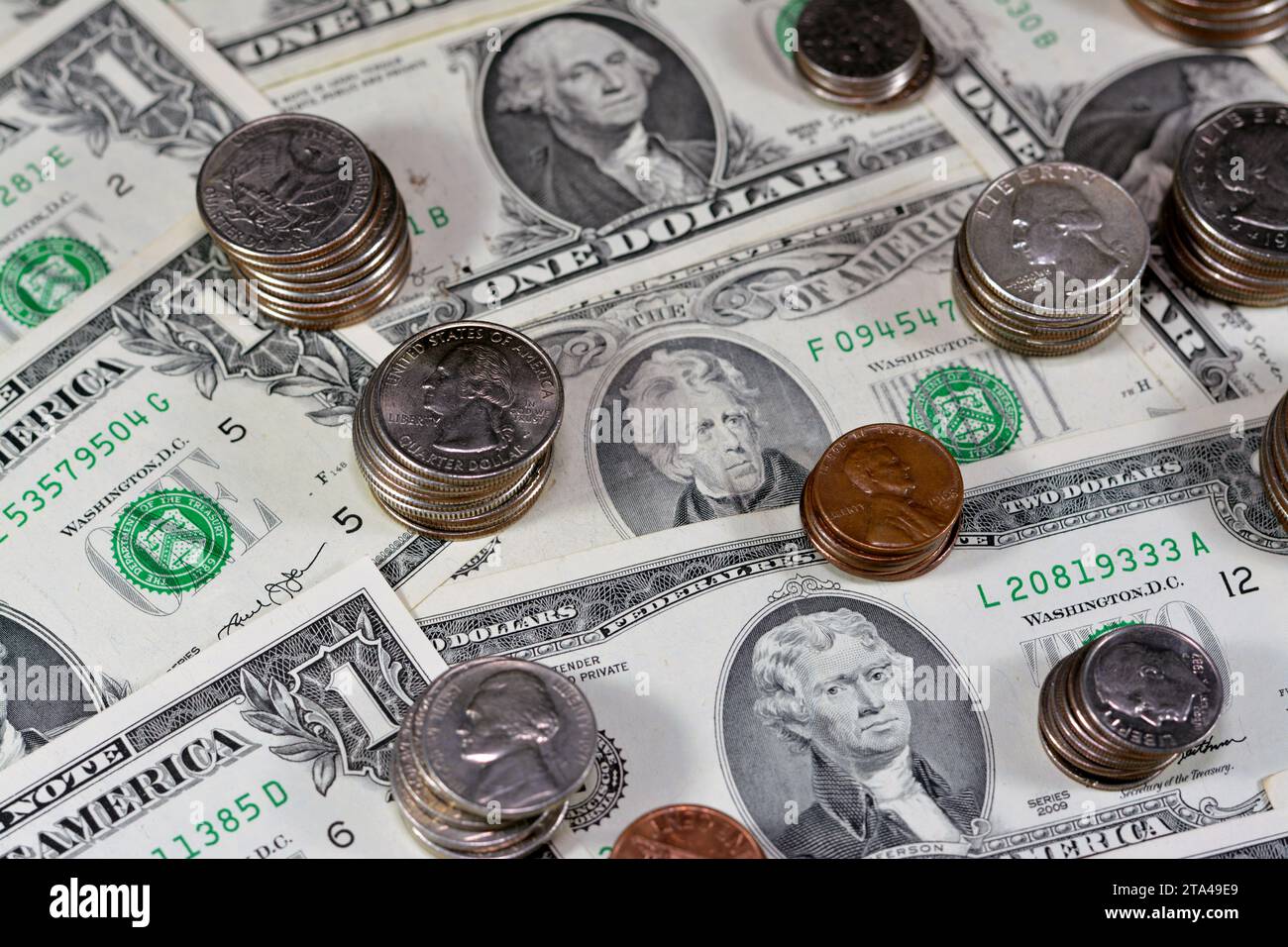 American USD old money dollars banknote bills and coins, vintage retro ...