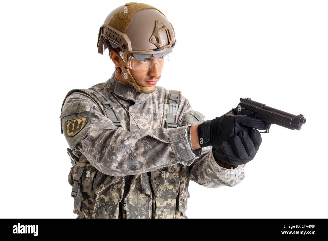 Young male soldier with gun isolated on white background Stock Photo ...