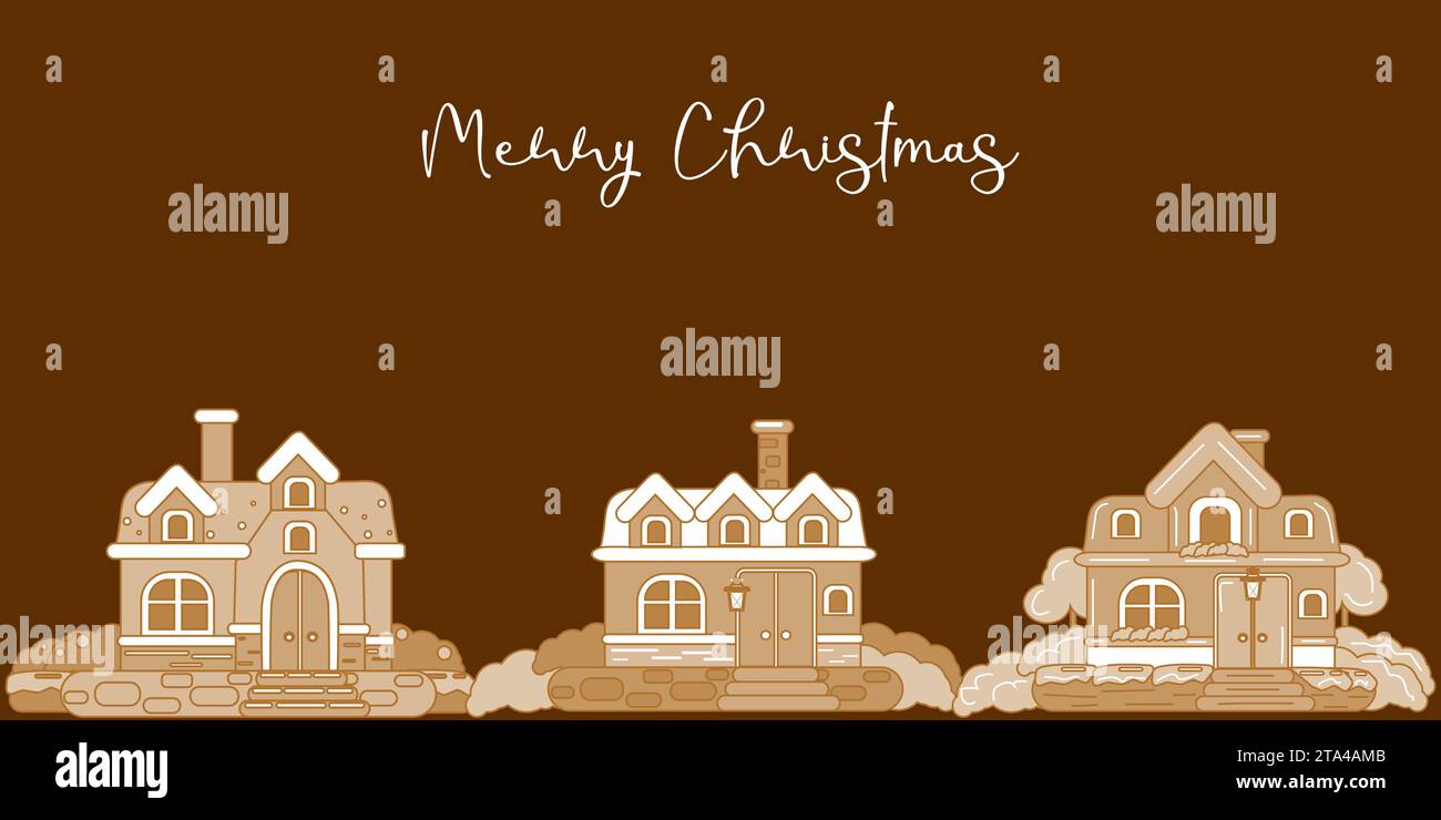 Gingerbread house a winter holiday card template. Dark brown background ...