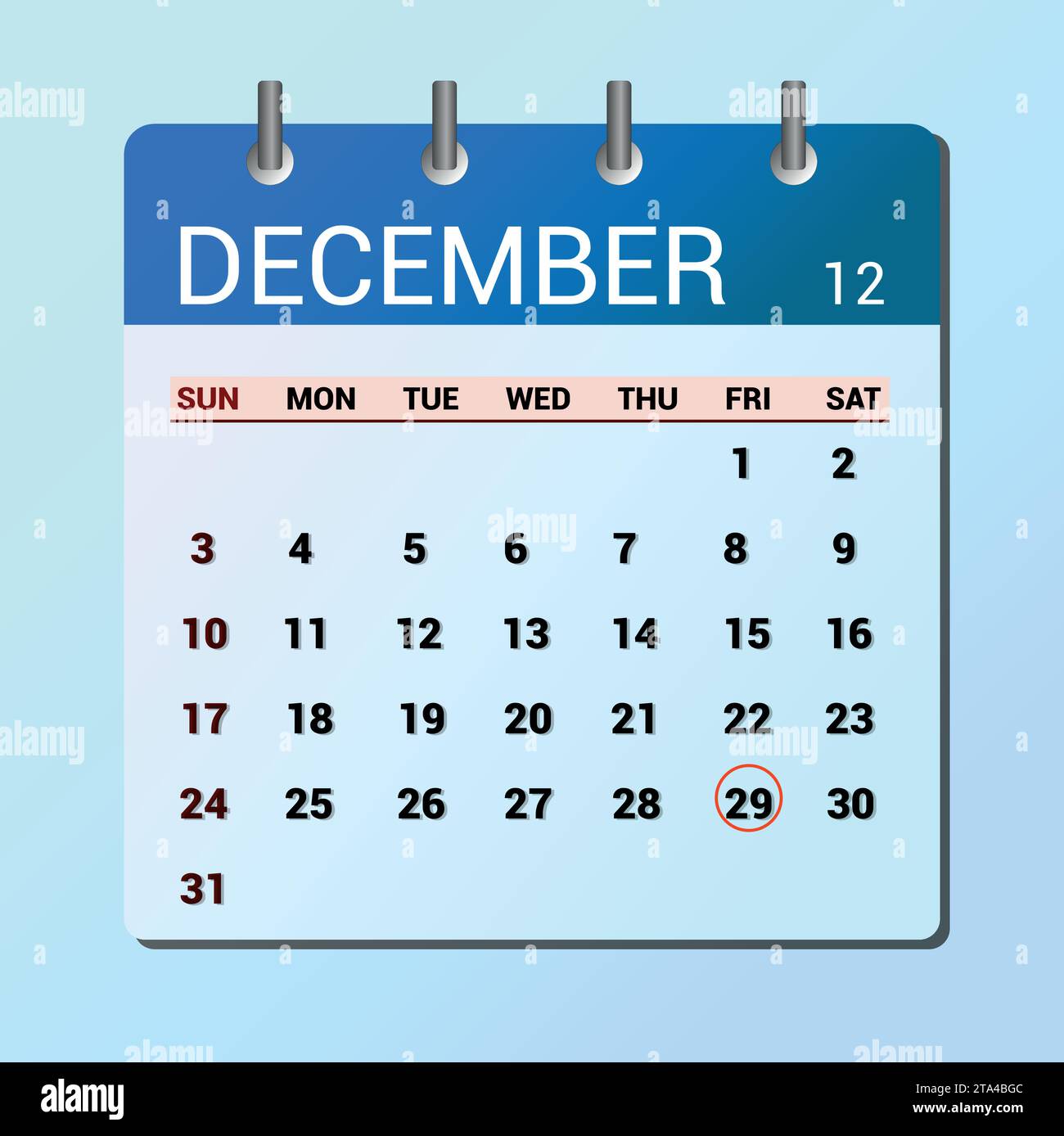 December 29. Flat icon calendar isolated on blue background. Date and ...