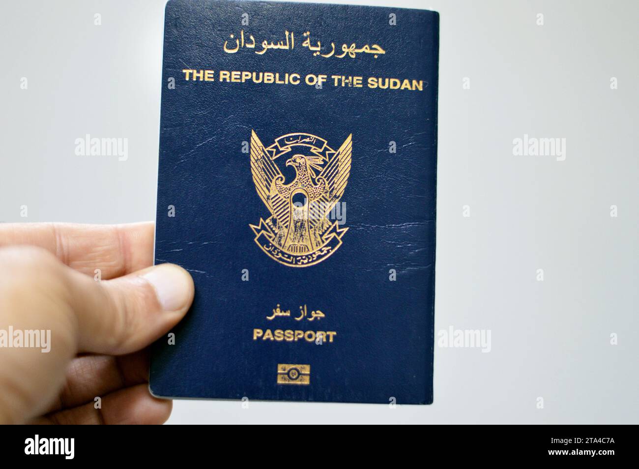The Republic of Sudan passport with a gilded falcon in the center of ...