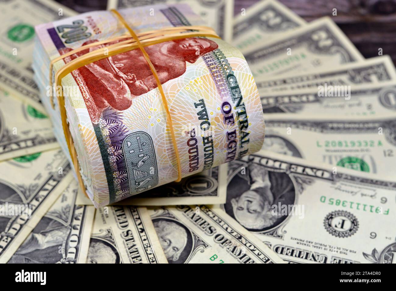 Folded Egyptian money banknote bills of 100, 200, 50 EGP LE one and two ...