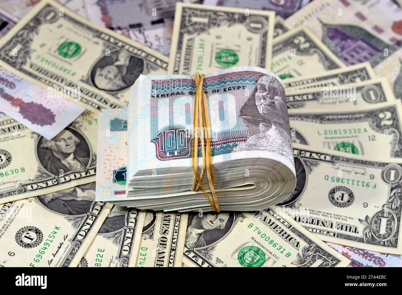 Folded Egyptian money banknote bills of 100, 200, 50 EGP LE one and two hundred Egyptian and ...