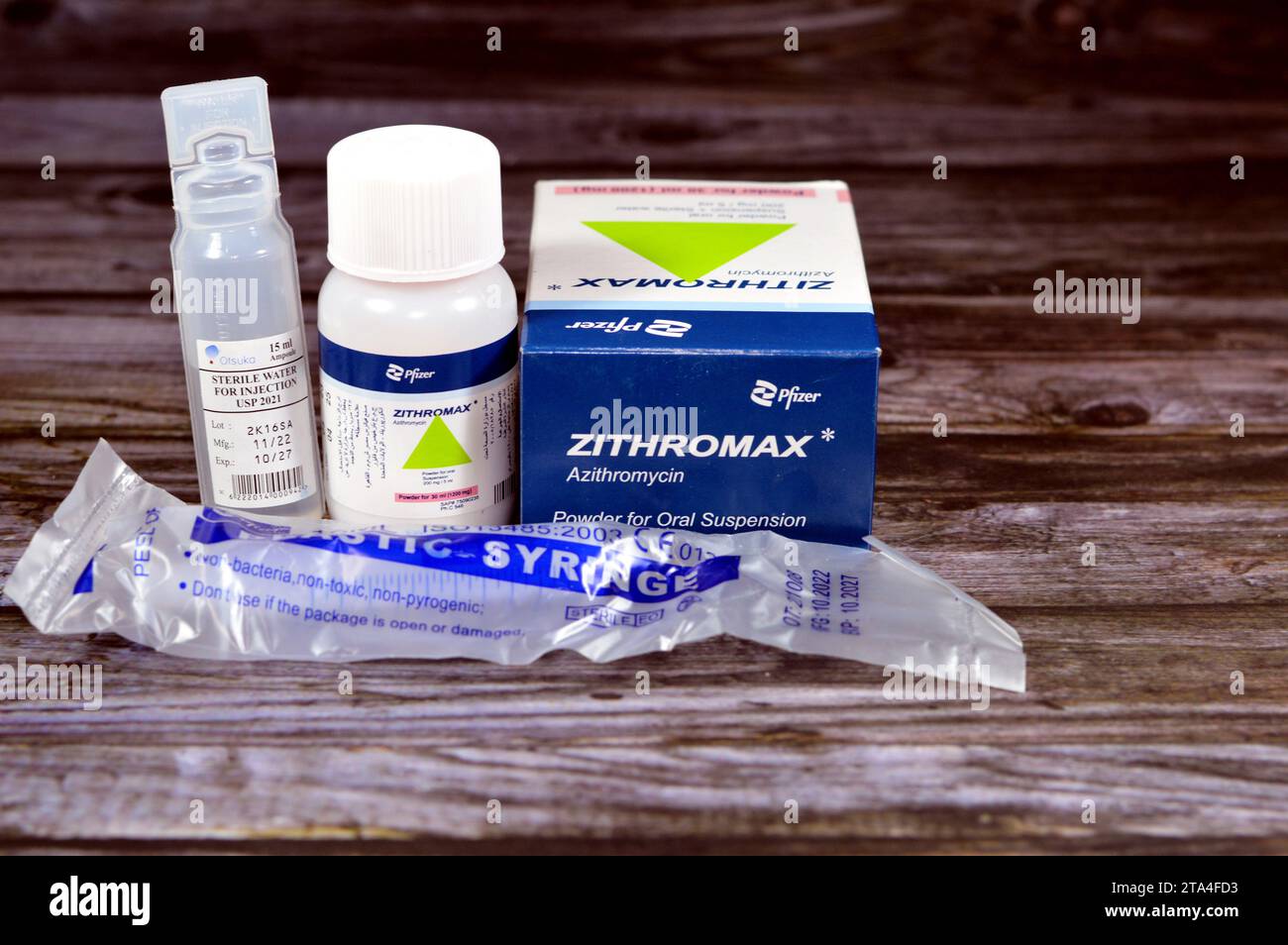 Cairo, Egypt, October 8 2023: Zithromax Azithromycin suspension powder ...