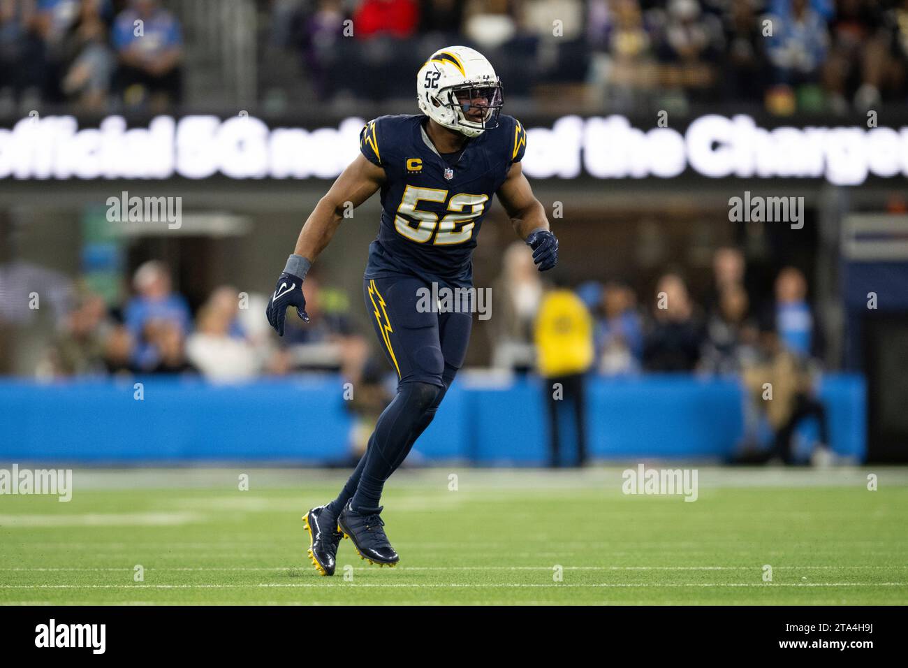 Los Angeles Chargers linebacker Khalil Mack (52) takes his stance ...