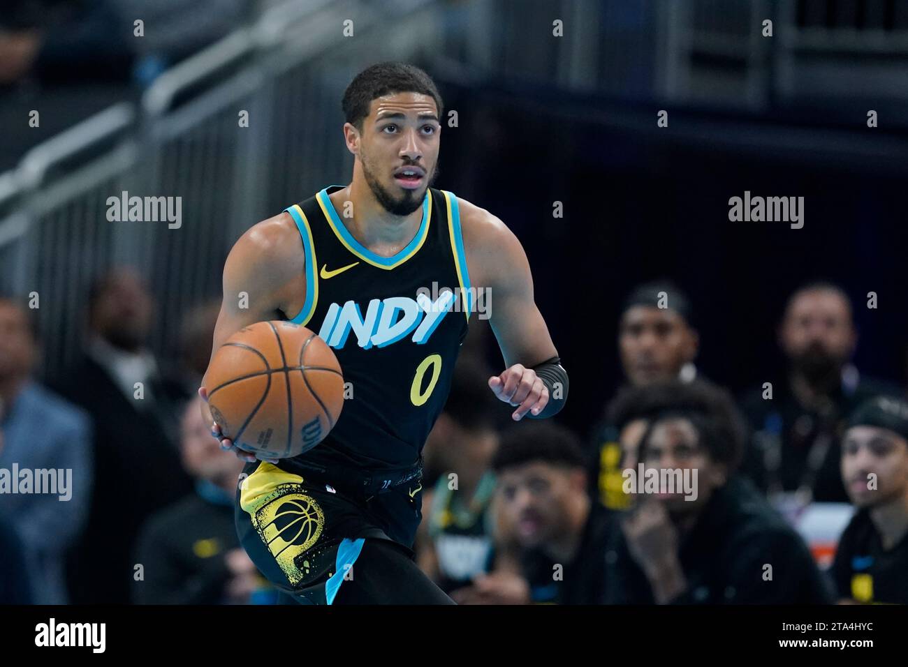 Indiana Pacers' Tyrese Haliburton dribbles during the first half on an ...