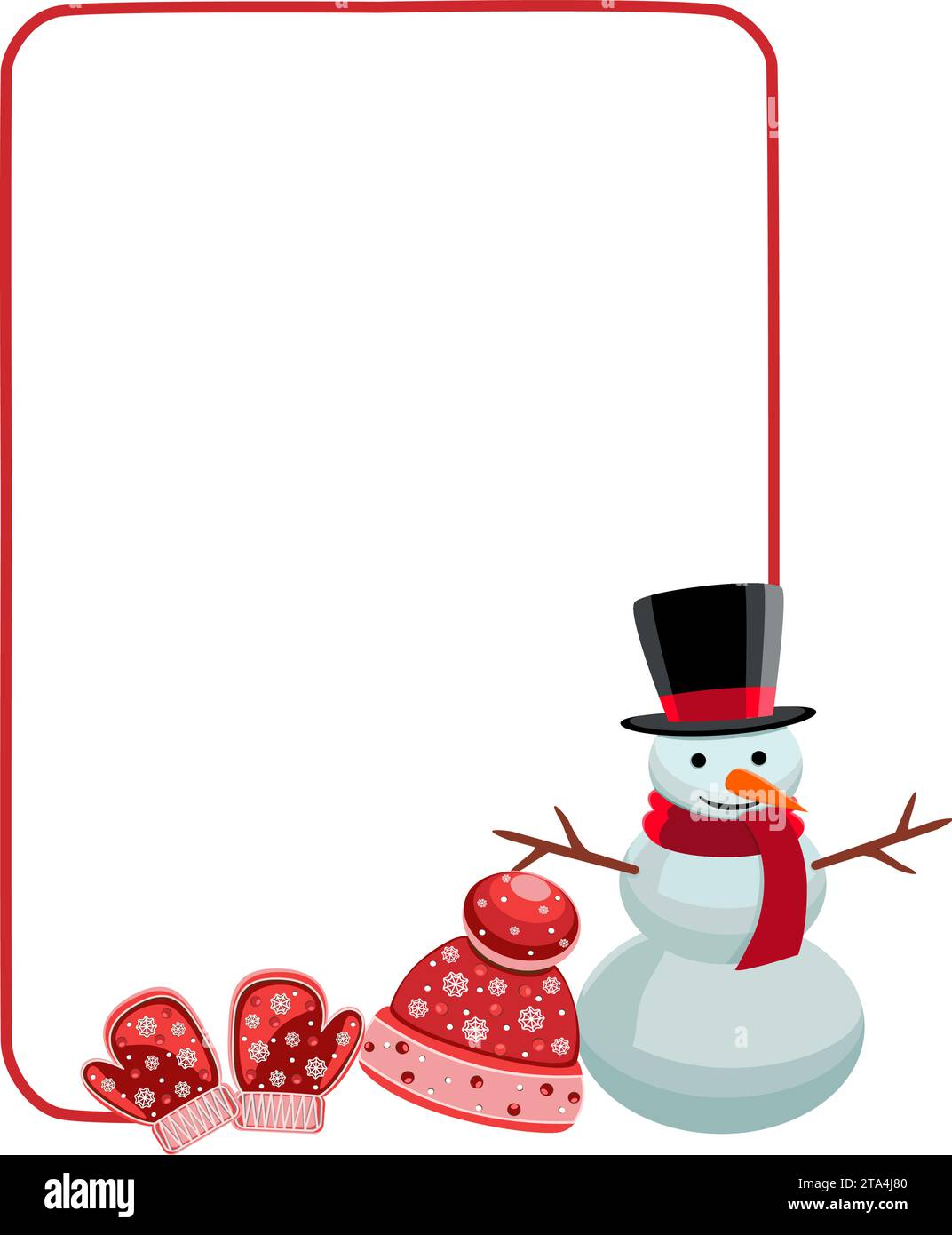 Christmas frame with snowman and hat with mittens on white background ...