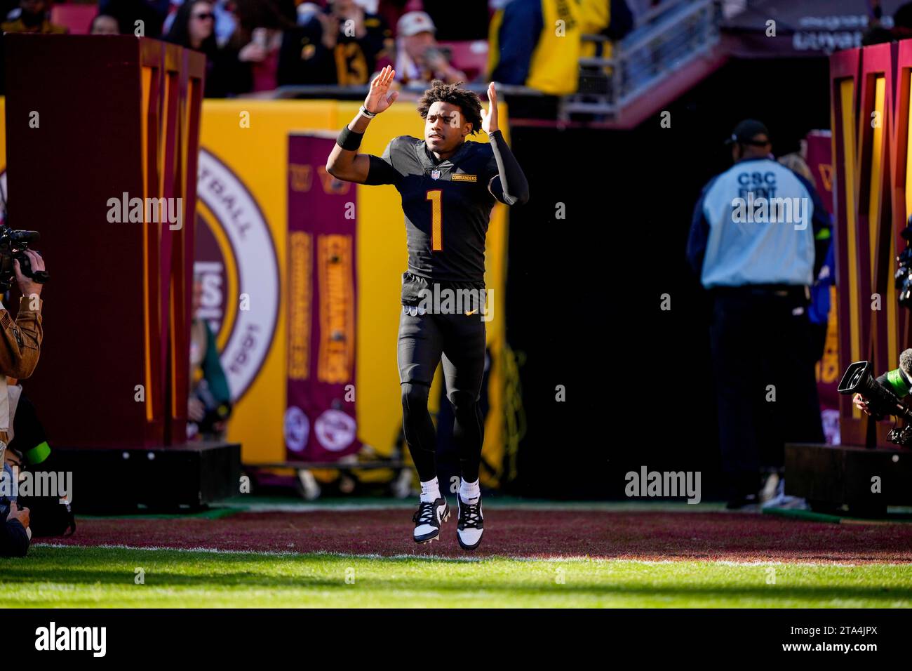 Washington Commanders wide receiver Jahan Dotson takes the field before ...