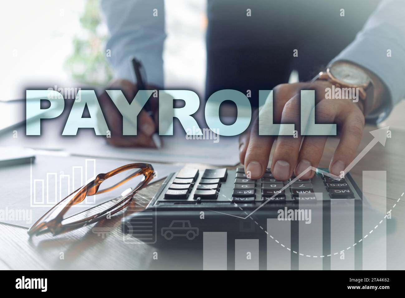 Payroll. Man using calculator at table, closeup. Illustrations of bar ...