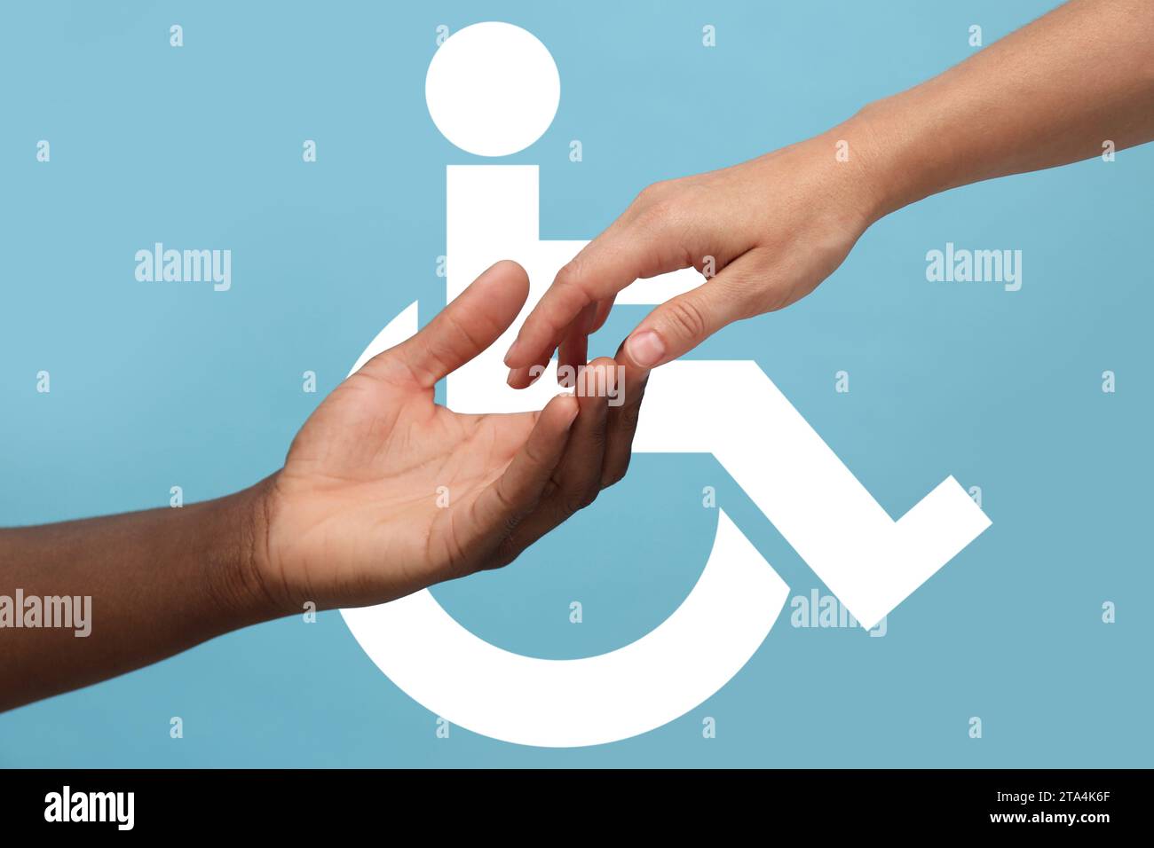 Inclusion concept. Man offering hand woman against international symbol ...