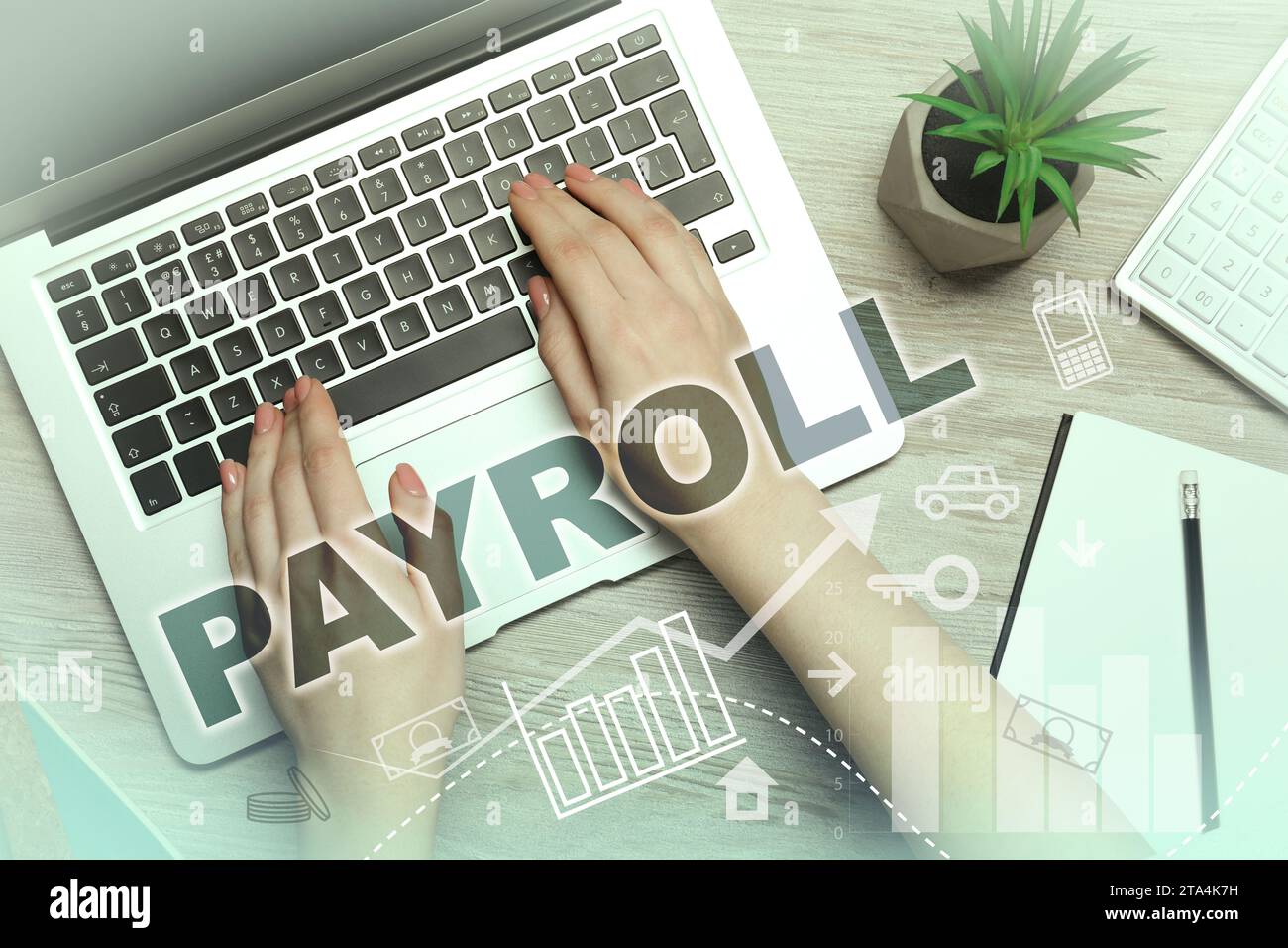 Payroll. Woman using laptop at table, top view. Illustrations of bar ...