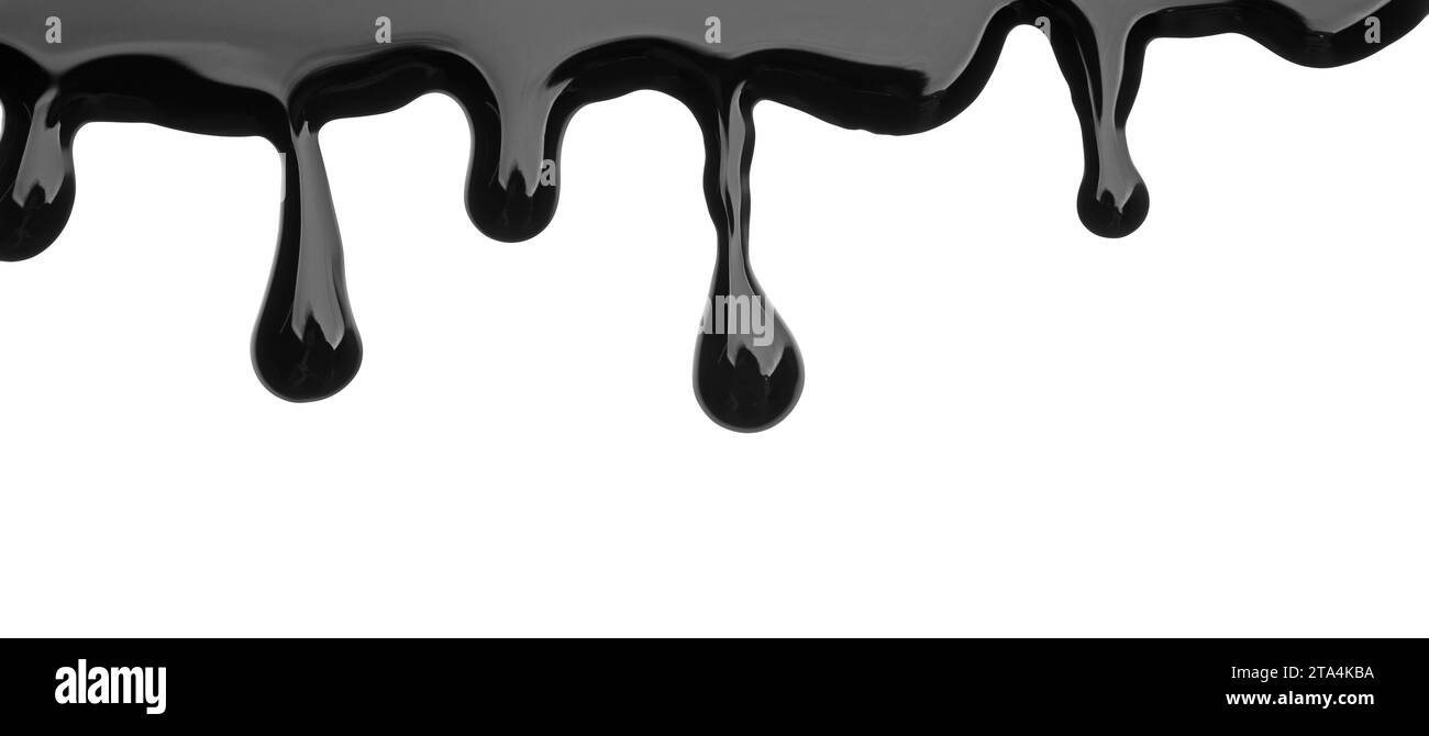 Black viscous liquid flowing on white background Stock Photo - Alamy