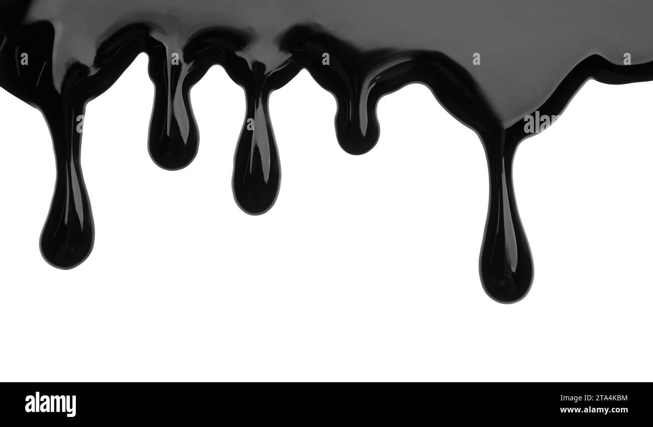 Black viscous liquid flowing on white background Stock Photo - Alamy