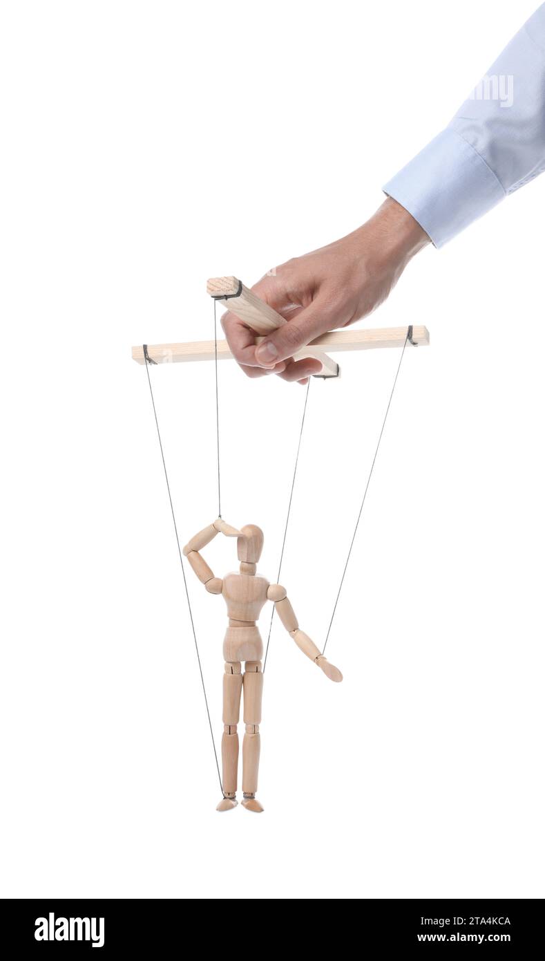 Man pulling strings of puppet on white background, closeup Stock Photo ...