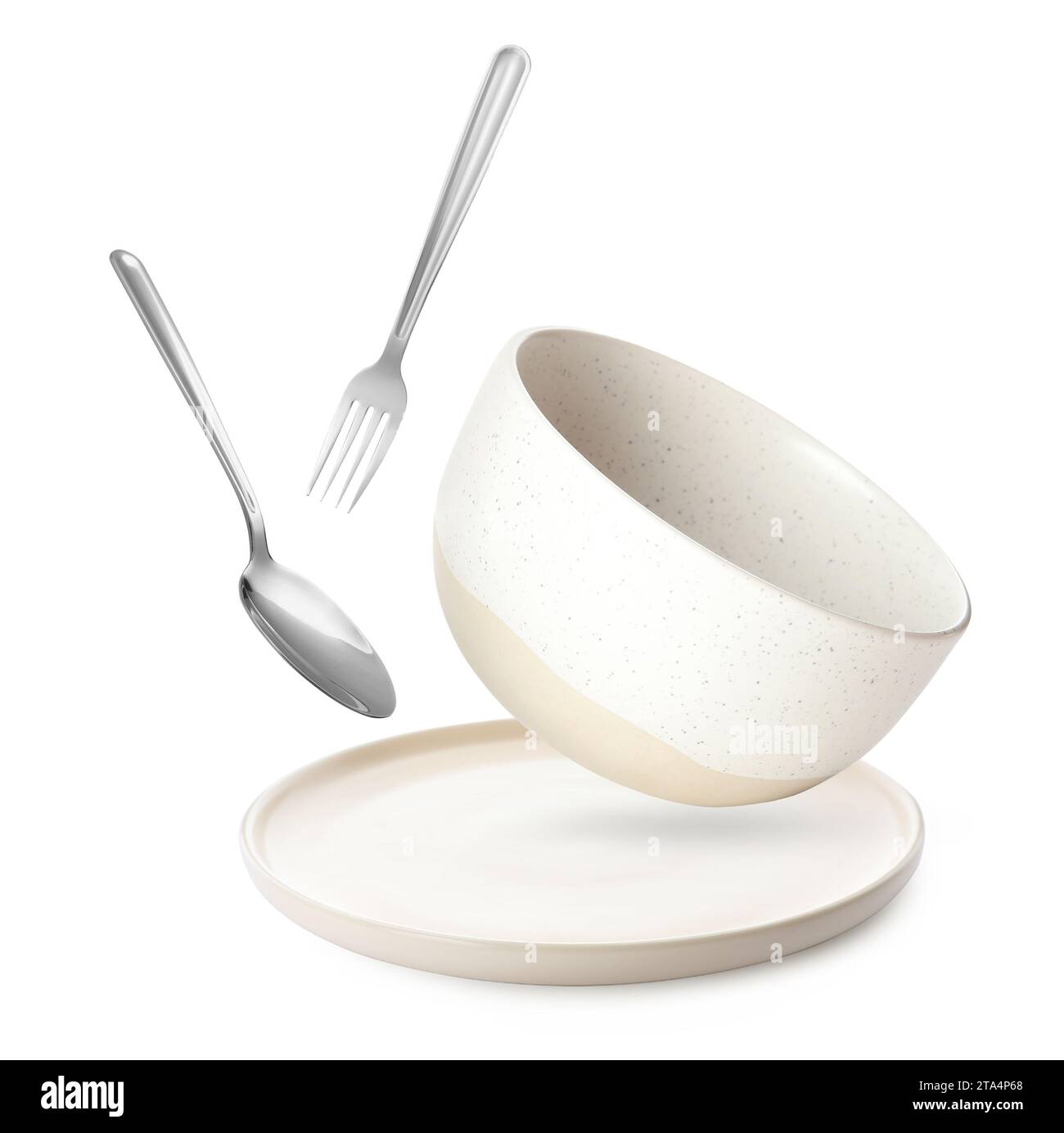 Clean dishes, fork and spoon falling on white background Stock Photo ...