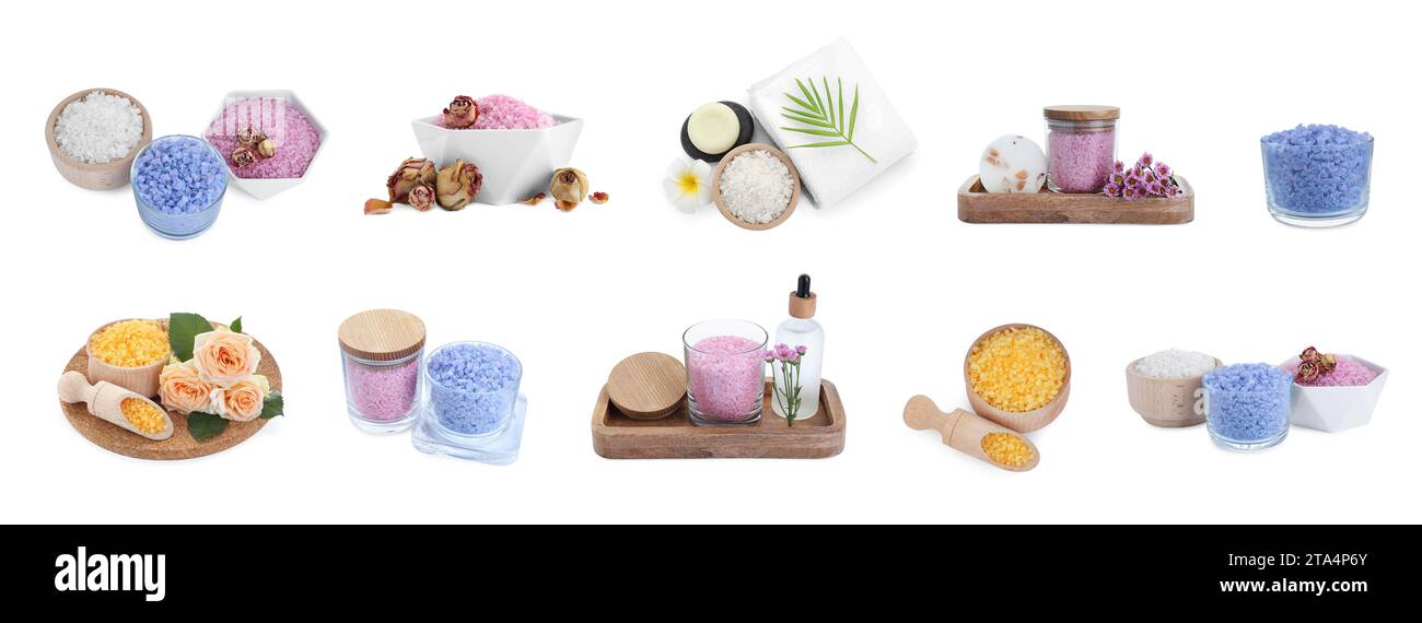 Different sea salt isolated on white, collection Stock Photo - Alamy