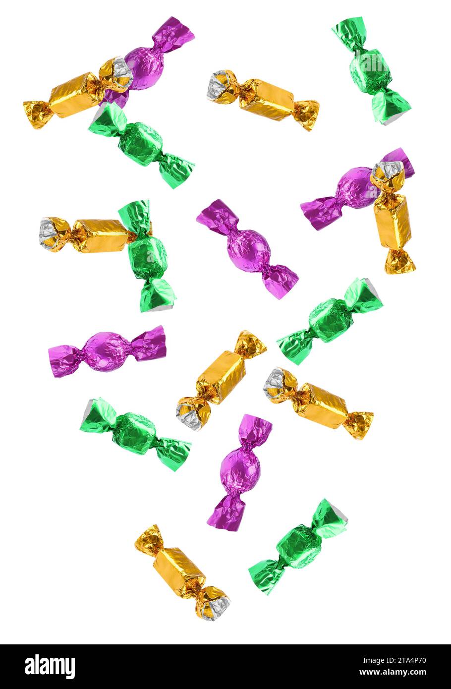 Tasty candies in bright wrappers falling on white background Stock ...