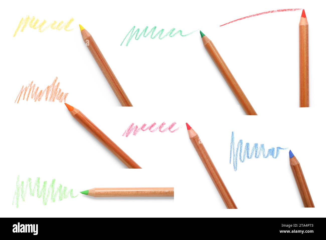 Colorful pastel pencils and scribbles on white background, top view ...