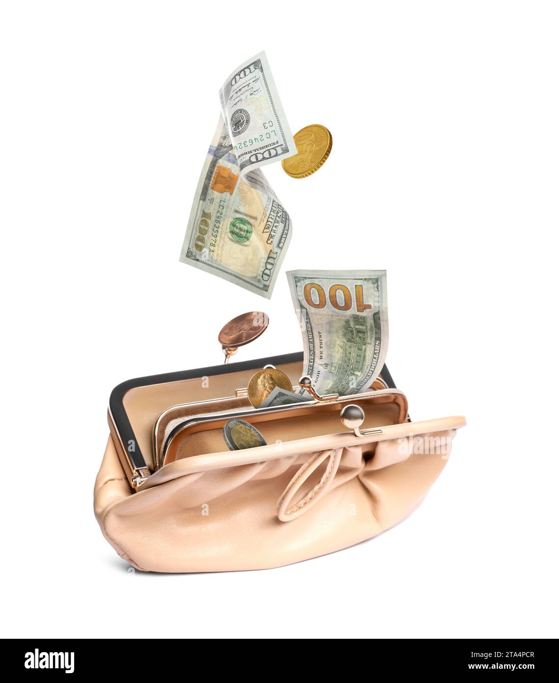 Dollar banknotes and coins falling into purse on white background Stock ...