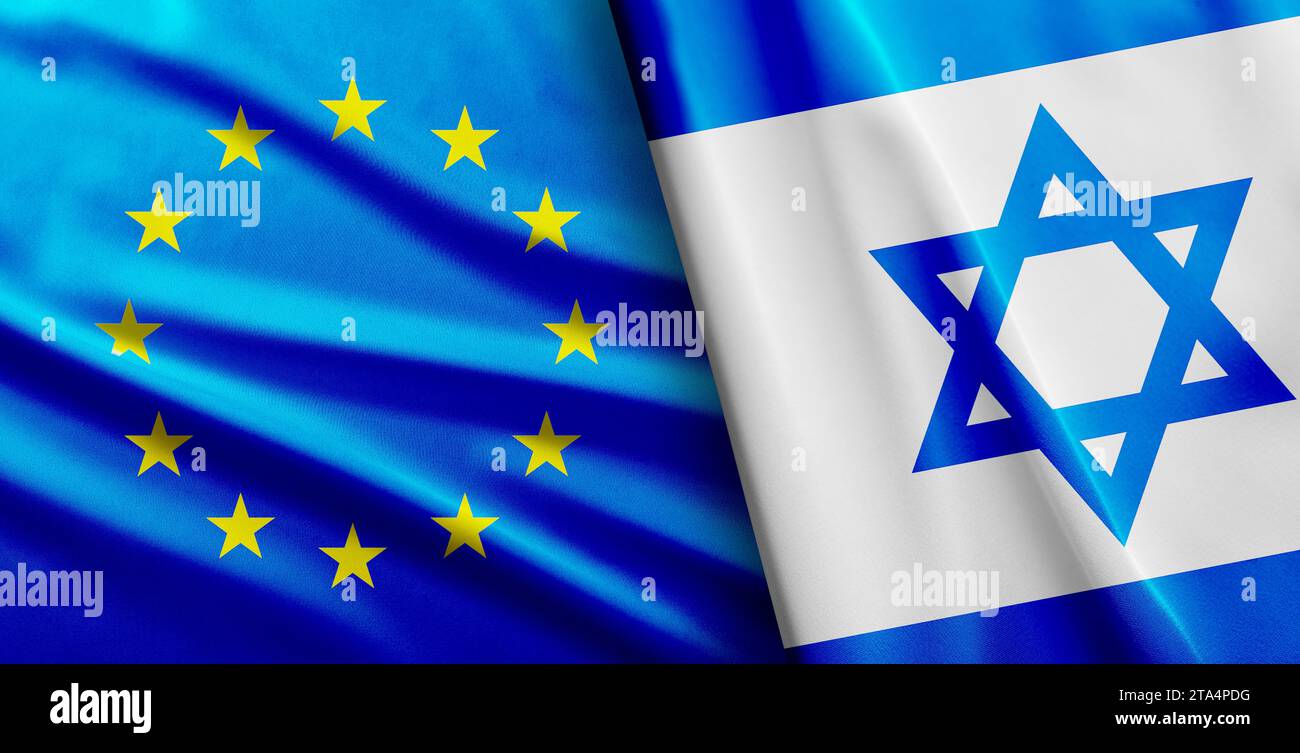 International relations. Flags of Israel and European Union as ...
