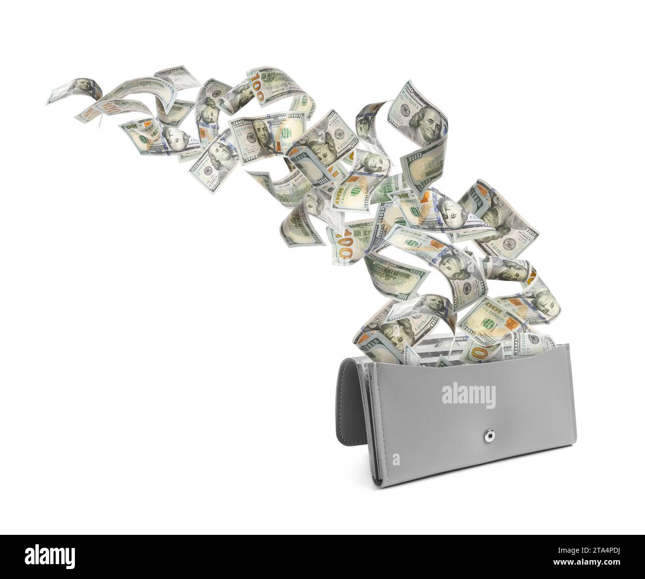 Dollar banknotes flying out from purse on white background Stock Photo ...