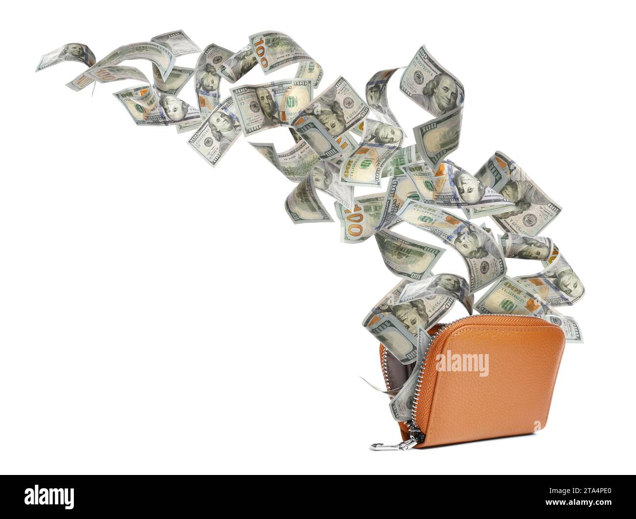 Dollar banknotes flying out from purse on white background Stock Photo ...