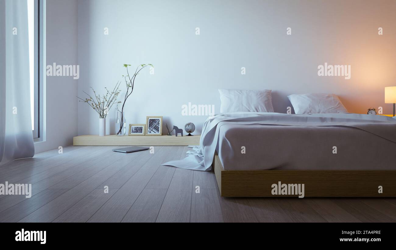 A white themed minimal bedroom interior with a low-rise bed, 3d ...