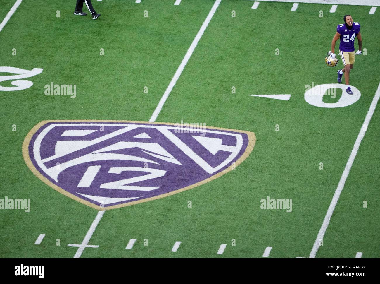 Washington safety Makell Esteen (24) reacts near a Pac-12 logo during ...