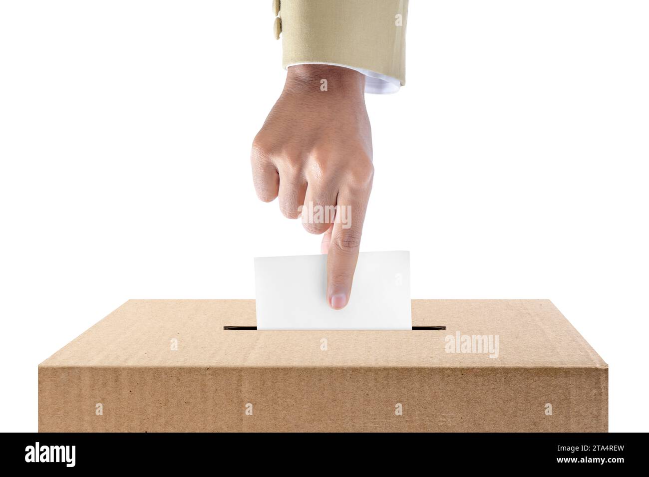 Human hand inserts vote paper into ballot box isolated over white ...