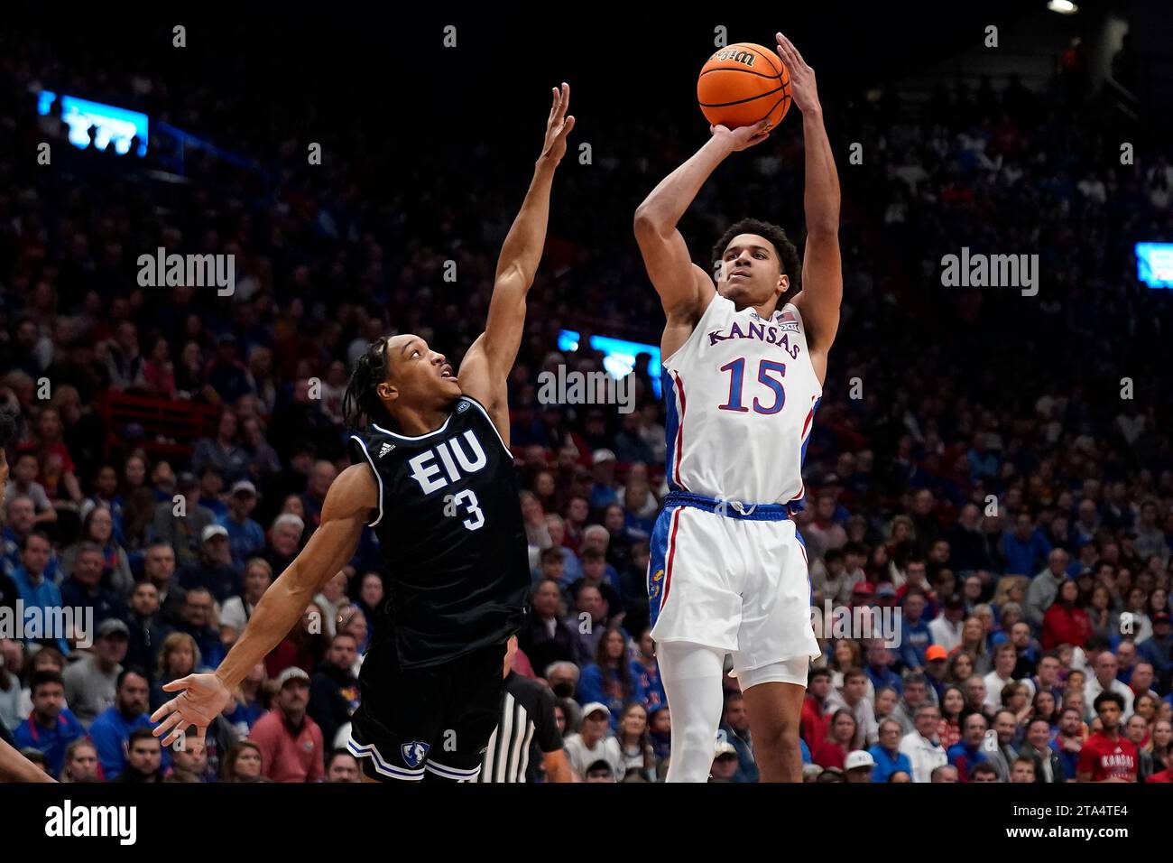 Kansas guard Kevin McCullar Jr. shoots over Eastern Illinois guard ...