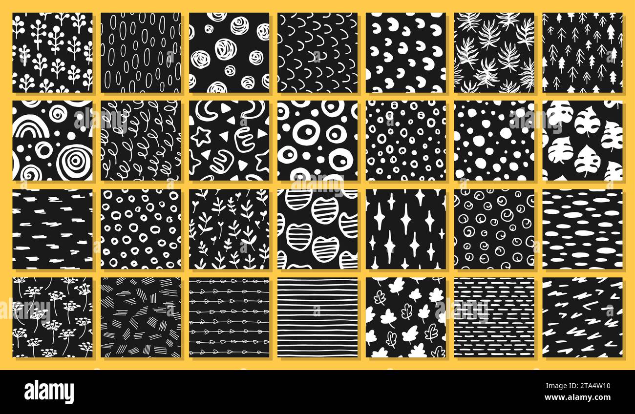 Abstract seamless patterns set with brush stroke sketch. Grunge ink shapes and doodle objects ...