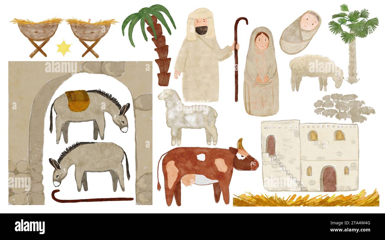 Hand painted watercolor Christmas nativity scene design elements ...