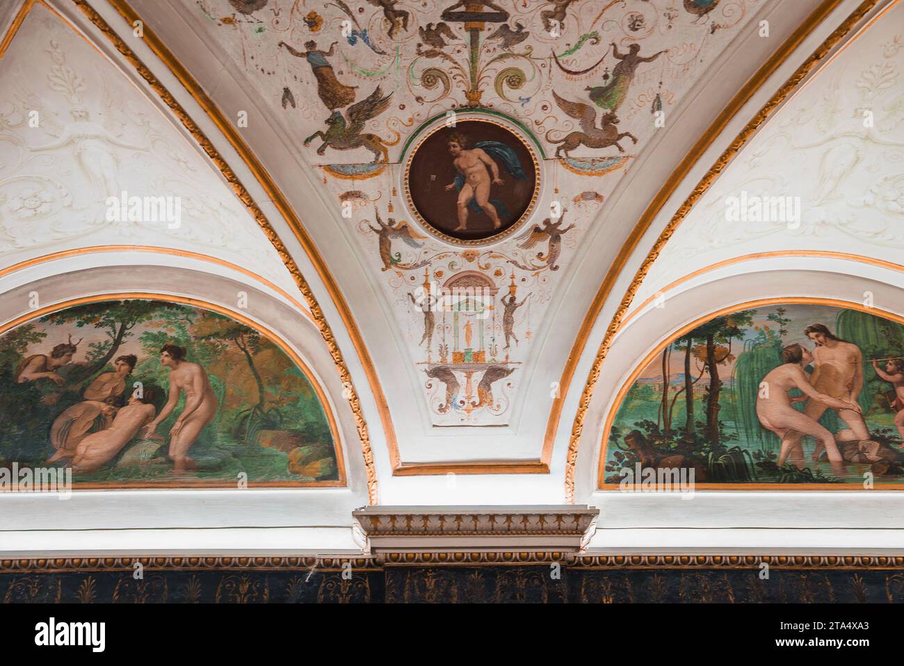 Opulent Venetian-style room with intricate mythical creature paintings ...