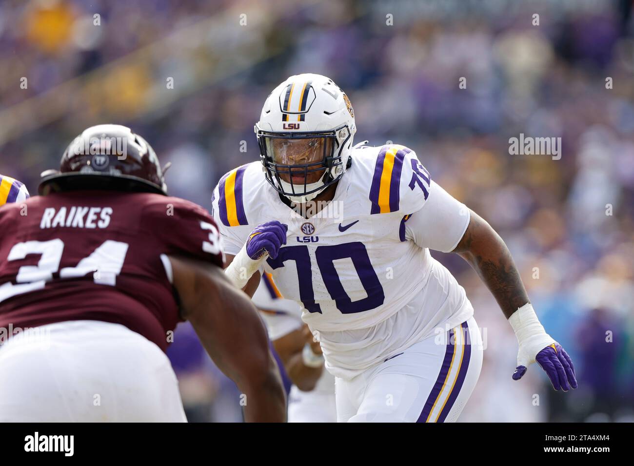 LSU offensive lineman Miles Frazier (70) looks to block during an NCAA ...