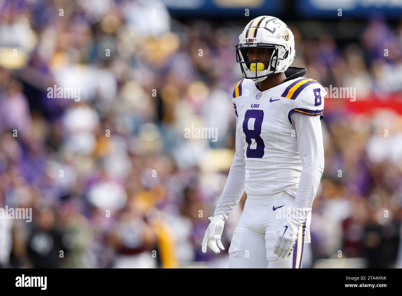 LSU defensive back Major Burns (8) lines up for the snap during an NCAA ...